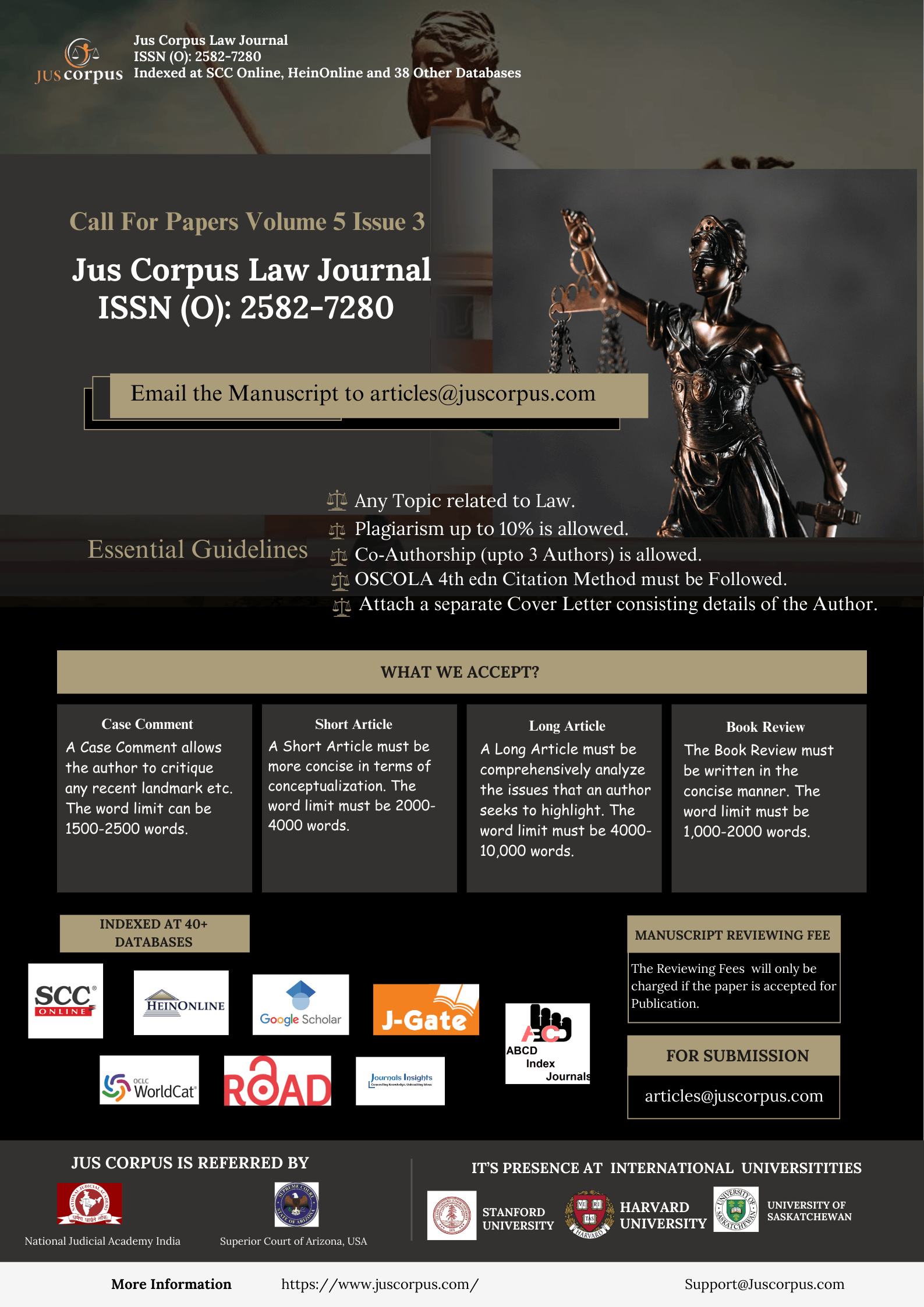 Call for Papers by Jus Corpus Law Journal (Vol. 5 Issue 3) - Jus Corpus