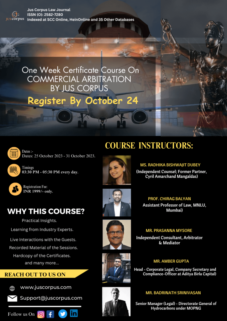ONE WEEK CERTIFICATE COURSE ON COMMERCIAL ARBITRATION BY JUS CORPUS ... ONE WEEK CERTIFICATE COURSE ON COMMERCIAL ARBITRATION BY JUS CORPUS ...